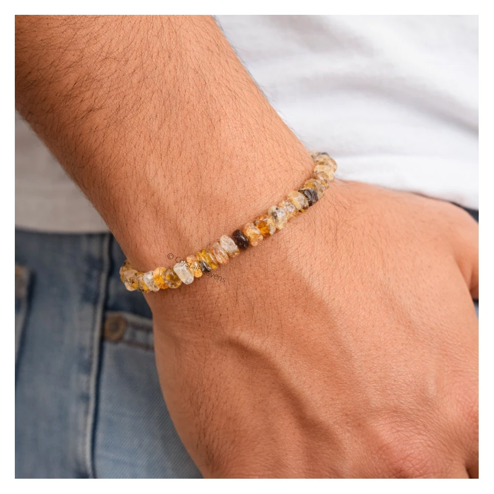Golden Rutilated Quartz Crystal Chips Bracelet - Gemstone Beaded ...